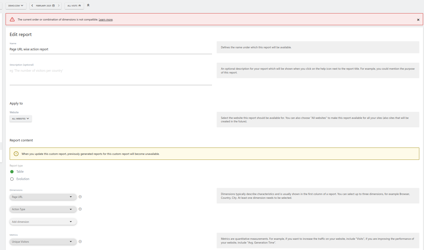 How to resolve errors when using different dimension combinations in Matomo FAQ - Custom Reports ...